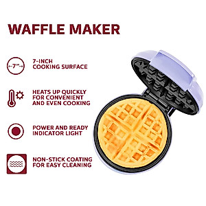 Holstein Housewares Waffle Maker with Non-Stick Coating, Lavender/Stainless Steel - Delicious Waffles in Minutes for Everyday Meals, 7-INCH