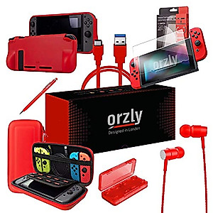 Orzly Switch Accessories Bundle – Carry Case for Nintendo Switch Console (NOT OLED MODEL) Tempered Glass Screen Protectors, USB Charging Cable, Switch Games Case, Comfort Grip Case & Headphones - RED
