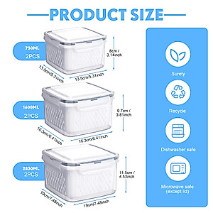 6 Pcs Fruit Storage Containers for Fridge, Food Storage Containers Berry Produce Fridge Organizer with Removable Colander Keep Fruits, Vegetable, Veggie, Meat Fresh Longer(Small, Medium, Large)