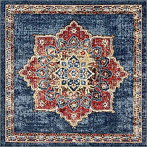 Unique Loom Utopia Collection Traditional Classic Vintage Inspired Area Rug with Warm Hues, 7' Square, Dark Blue/Beige