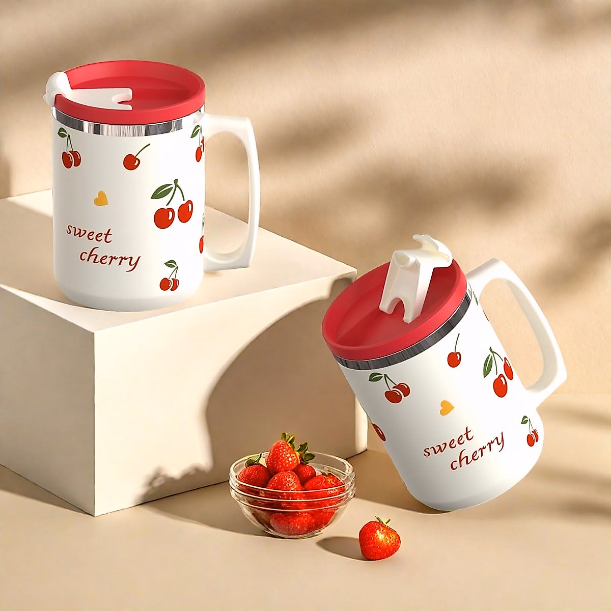 Maiyuansu Cherry Print Stainless Steel Tumbler with Handle Insulated Coffee Cup with Hadle and Lid Portable Travel Mug Water Bottle Double Wall Insulation