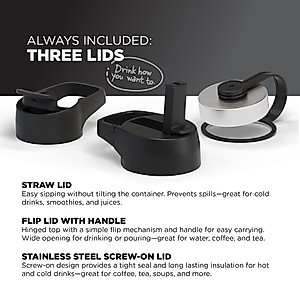 IRON °FLASK Camping & Hiking Hydration Flask, Wide Mouth, 3 Straw Lids, Stainless Steel Outdoor Water Bottle, Double Walled, Insulated Thermos, Metal Canteen - Midnight Black, 64 Oz