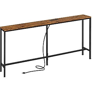 SUPERJARE 70 Inch Console Table with Outlet, Sofa Table with Charging Station, Narrow Entryway Table, Skinny Hallway Table, Behind Couch Table, for Living Room, Rustic Brown