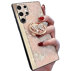 for Samsung Galaxy S23 Ultra Case for Women Girls,Luxury Cute Bling Diamond Butterfly Flower Design with Ring Stand,Plating Glitter Girly Hard Back Phone Case for Samsung S23 Ultra 5G Pink