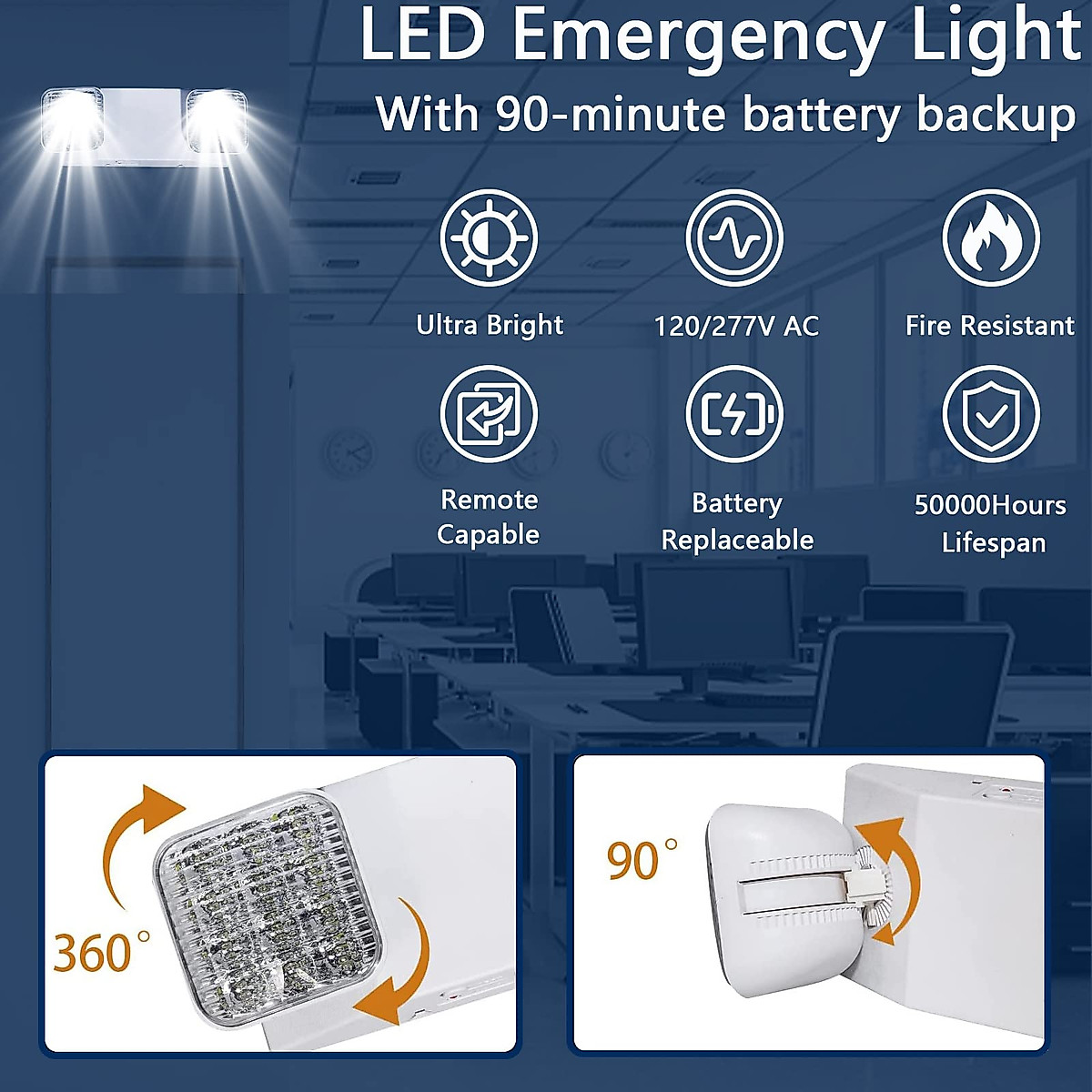 LED Emergency Light with Battery Backup, Two Adjustable Heads Integrated Commercial Emergency Lighting Exit Light, Domestic Power Outage Emergency Light, AC 120/277V UL Listed (8 Pack)