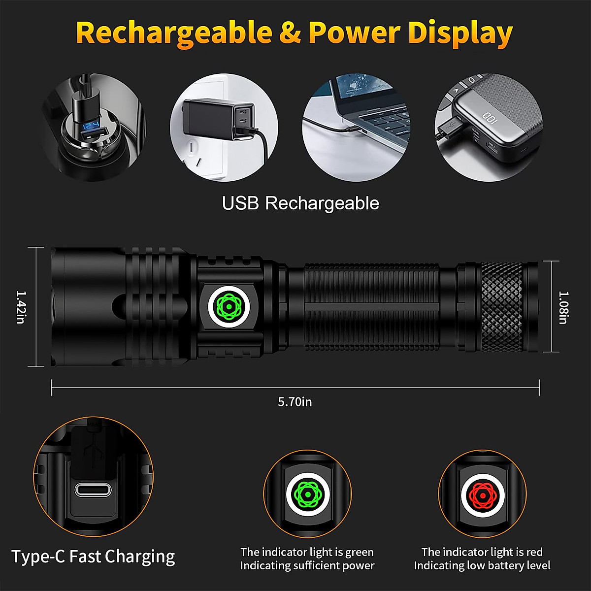 RFIUCH Rechargeable Flashlights High Lumens, 150000 Lumen Super Bright LED Flashlight with 5 Modes, LED Waterproof Handheld Flashlight for Emergencies(2 Pack)