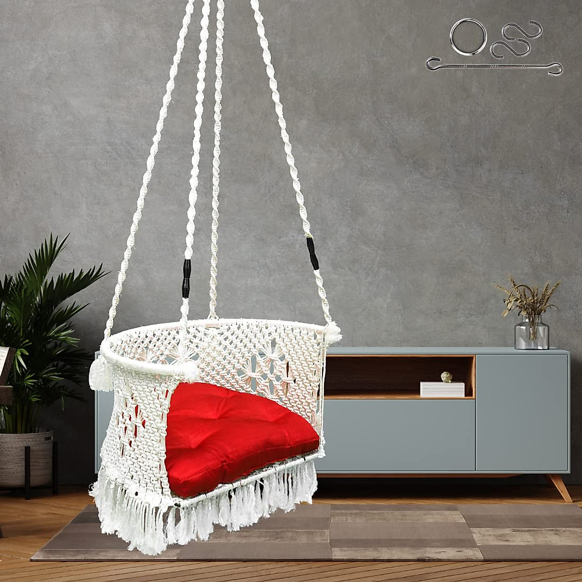 Swing/ Swing for Balcony/ Swing for Adults/ Swing Chair for Adults for Home/ Premium C Shape Swing with Macrame Floral Design/ Hanging Jhula for Adults/ Zula/ Red Cushion & Hanging Kit Included-White