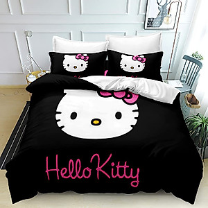 SSPENT The Anime Quilt Duvet Cover Hello Set Comforter Cover Kitty 3 Pieces Bedding Printed Quilt Cover Set with Pillow Cases Easy Care and Soft Hand Feel