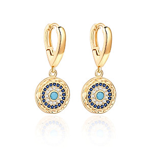 PEARLADA 18K Gold Round Evil Eye Dangle Hoop Earrings for Women Small Micro-inlaid Cubic Zirconia Charm Jewelry Fashion Hammered Coin Earrings