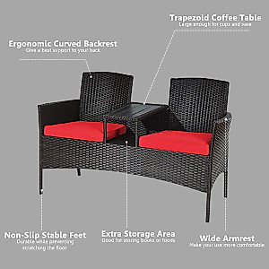 HAPPYGRILL Outdoor Loveseat Patio Rattan Wicker Conversation Set with Removable Cushions, Wicker Sofa Furniture Set with Coffee Table for Garden Lawn Backyard