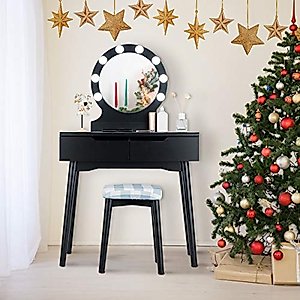 AUGESTER Vanity Set with 8 Lighted Bulbs Mirror, Makeup Dressing Table w/Replaceable and Adjustable Lights Cushioned Stool & 2 Sliding Drawers, Compact Makeup Table Chair for Bedroom   (Black)