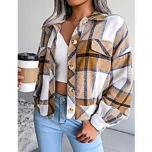 Gihuo Women' s Cropped Shacket Plaid Jacket Button Down Flannel Shirts Outerwear(Khaki-Large)
