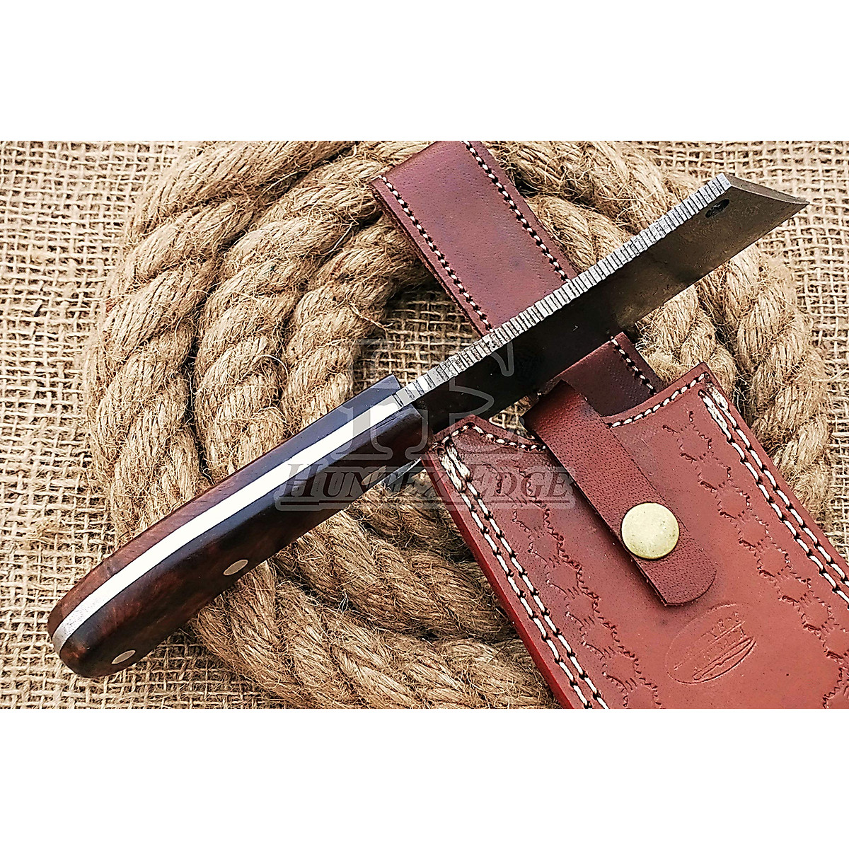 HUNTEX Handmade Hand-Forged Twist Pattern Damascus Steel 9 Inch Long Full Tang Walnut Wood Handle Razor Sharp Hunting Camping Cleaver Knife w/Genuine Leather Sheath