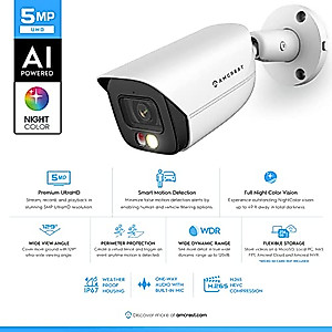 Amcrest 5MP IP PoE AI Camera w/ 49ft Color Night Vision, Security Outdoor Bullet Camera, Built-in Microphone, Human & Vehicle Detection, Active Deterrent, 129° FOV, 5MP@20fps IP5M-B1276EW-AI (White)