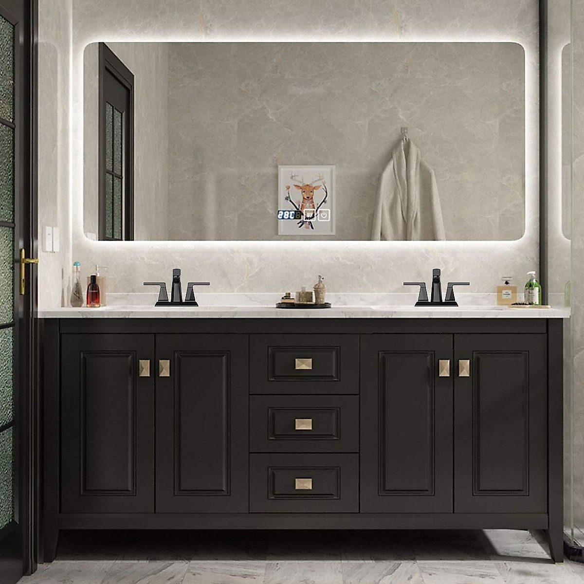 KAIYING 2 Handle Centerset Bathroom Sink Faucet, Black Bathroom Faucet 3 Hole with Pull Out Sprayer, 4 Inch Lavatory Faucet, Modern Vanity Faucet, Mixer Tap for Hot and Cold Water