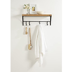 Kate and Laurel Ozias Farmhouse Shelf with Hooks, 24 x 9, Rustic Brown and Black, Sopisticated Coat Rack and Shelf for Storage and Display