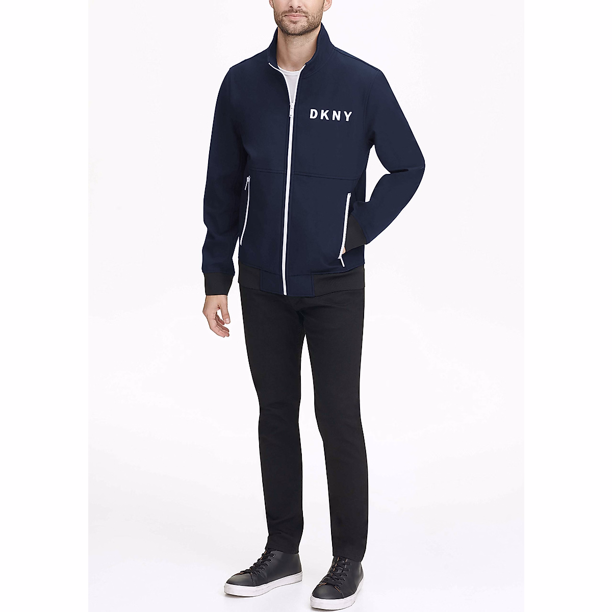 DKNY Men's Stand Collar Softshell Track Bomber Jacket, Navy, Large