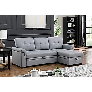 Eafurn L Shaped Convertible Sleeper Sofa with Reversible Chaise,3 in 1 Pull Out Couch Bed with Storage,Upholstered Fabric Sectional Corner Sofa & Couches Sofabed, Gray Leather