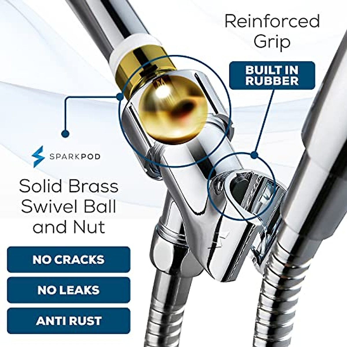 SparkPod Handheld Shower Head Holder - Premium ABS Plastic - 360 Degree Rotatable Solid Brass Ball - Compatible with 7/8" (2.25cm) Diameter Hose - Bonus Plumber's Tape (Luxury Polished Chrome)