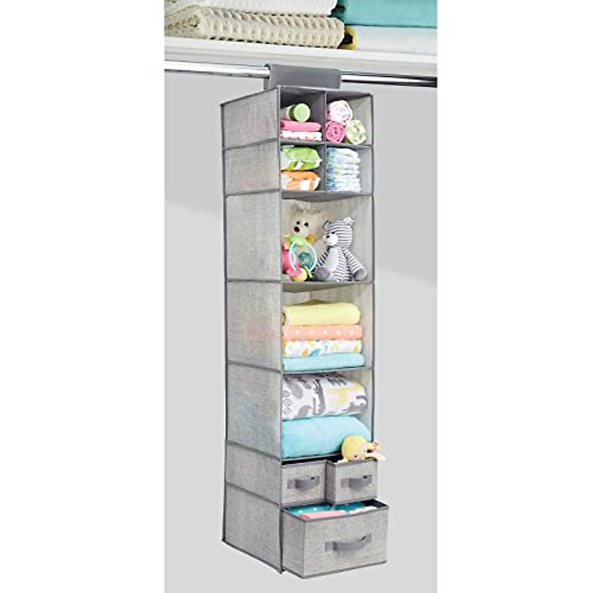 mDesign Fabric Over Closet Rod Hanging Storage Organizer with 7 Open Cube Shelves and 3 Removable Drawers for Bedroom, Nursery, Closet - Holds Clothes, Shoes, Diapers - Gray