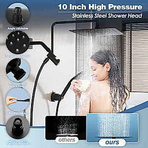 Gabrylly Shower Heads with Handheld Spray Combo, 10" High Pressure Rainfall Shower Head with 11" Extention Arm and Suction Cup Holder, 3-Setting Handheld Shower Head with 59" Shower Hose, Matte Black