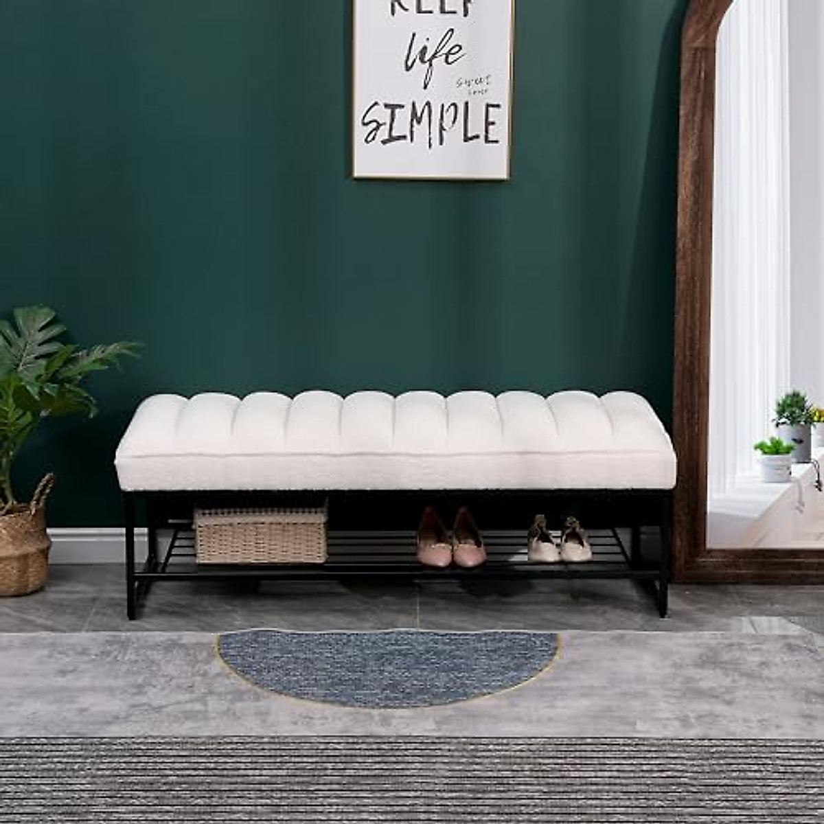 Homaddition Entryway Bench with Shoe Storage, 52" Thickened Cushion Sherpa Upholstered Channel Tufted Ottoman Bench with Shoe Rack, End of Bed Bench for Bedroom (White Sherpa with Shoe Rack)