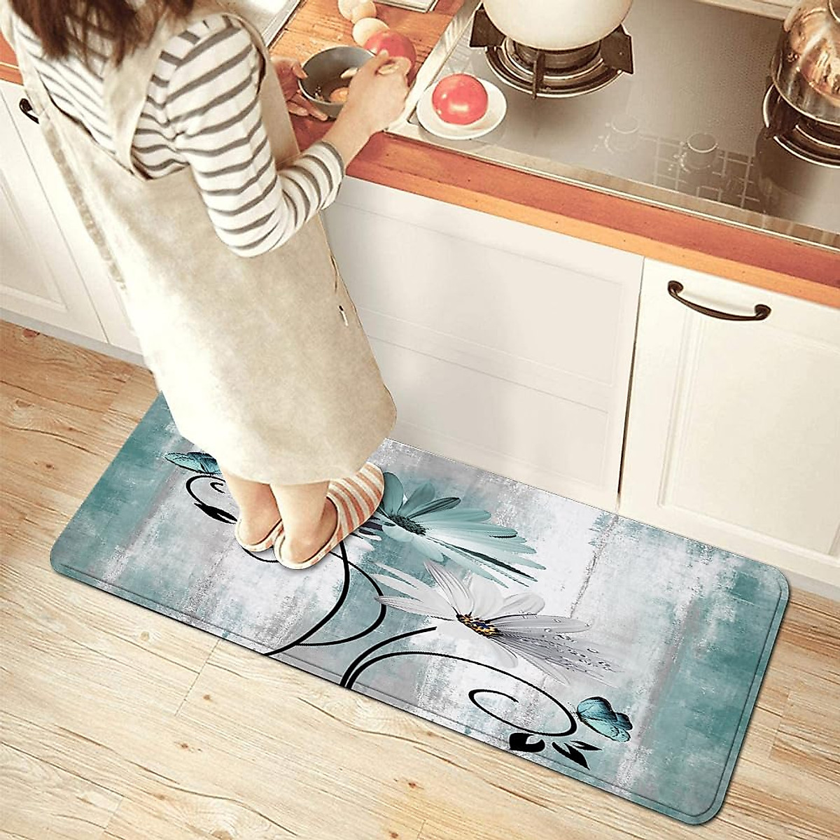 MIFSOIAVV Kitchen Mat,Rustic Farmhouse Farm Teal Daisy Floral Flowers and Butterfly on Country Wooden Turquoise Blue,Kitchen Floor Mat Anti Fatigue Standing Area Rug Non Slip Carpet 47.2''L x 17.7''W