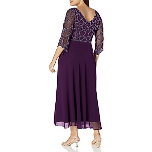 J Kara Women's Plus Size 3/4 Sleeve Geo Beaded Gown, Plum/Mercury/Silver, 18W