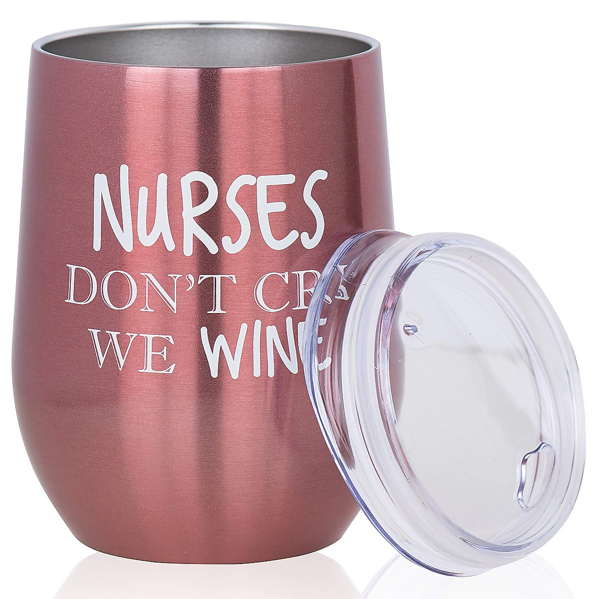 Nurse Wine Tumbler with Lid, Straw, and Cleaning Brush - Nurse Gifts for Women - Insulated Stainless Steel Wine Tumbler - Dishwasher Safe - Funny RN Gifts for Nurses - Rose Gold - 12oz
