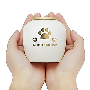 KofarZon Ceramic Small Urn for Pet Ashes, Paw Print Funeral Memorial Keepsake for Small Animal Cats Dogs Rabbits Hamsters Birds Tortoise with Keychain and Bag – Love You Forever (White, 12 CU in)