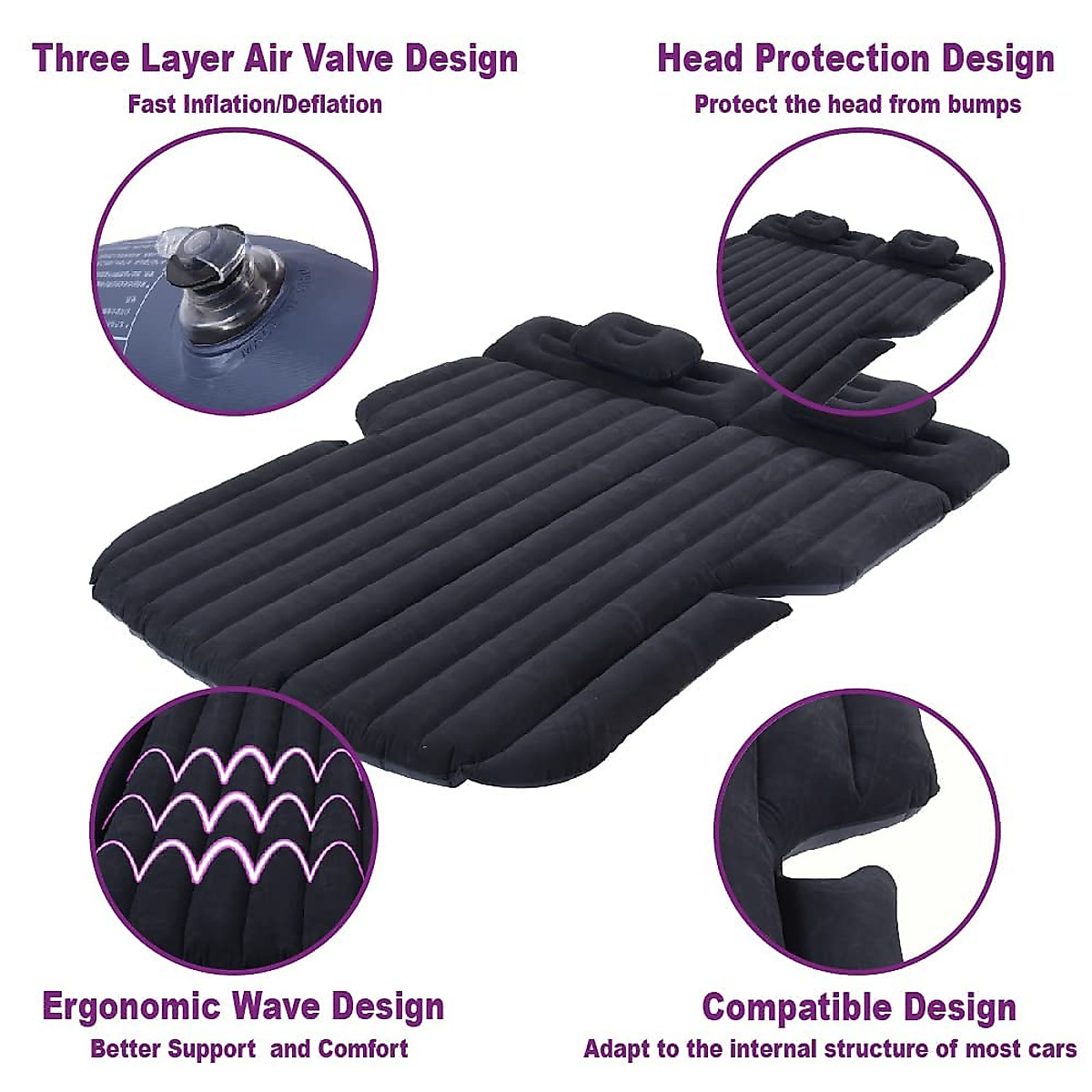 Inflatable Car Mattress, Car Bed for Back Seat, Car Air Mattress with Auto Air Pump, Portable Camping Mattress, Sleeping Pad (SUV Black)