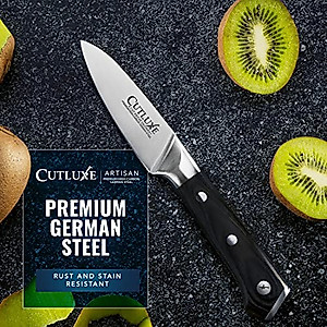Cutluxe Paring Knife – 3.5" Small Kitchen Knife, Peeling Knife with Razor Sharp Blade – Forged High Carbon German Steel – Full Tang & Ergonomic Handle Design – Artisan Series