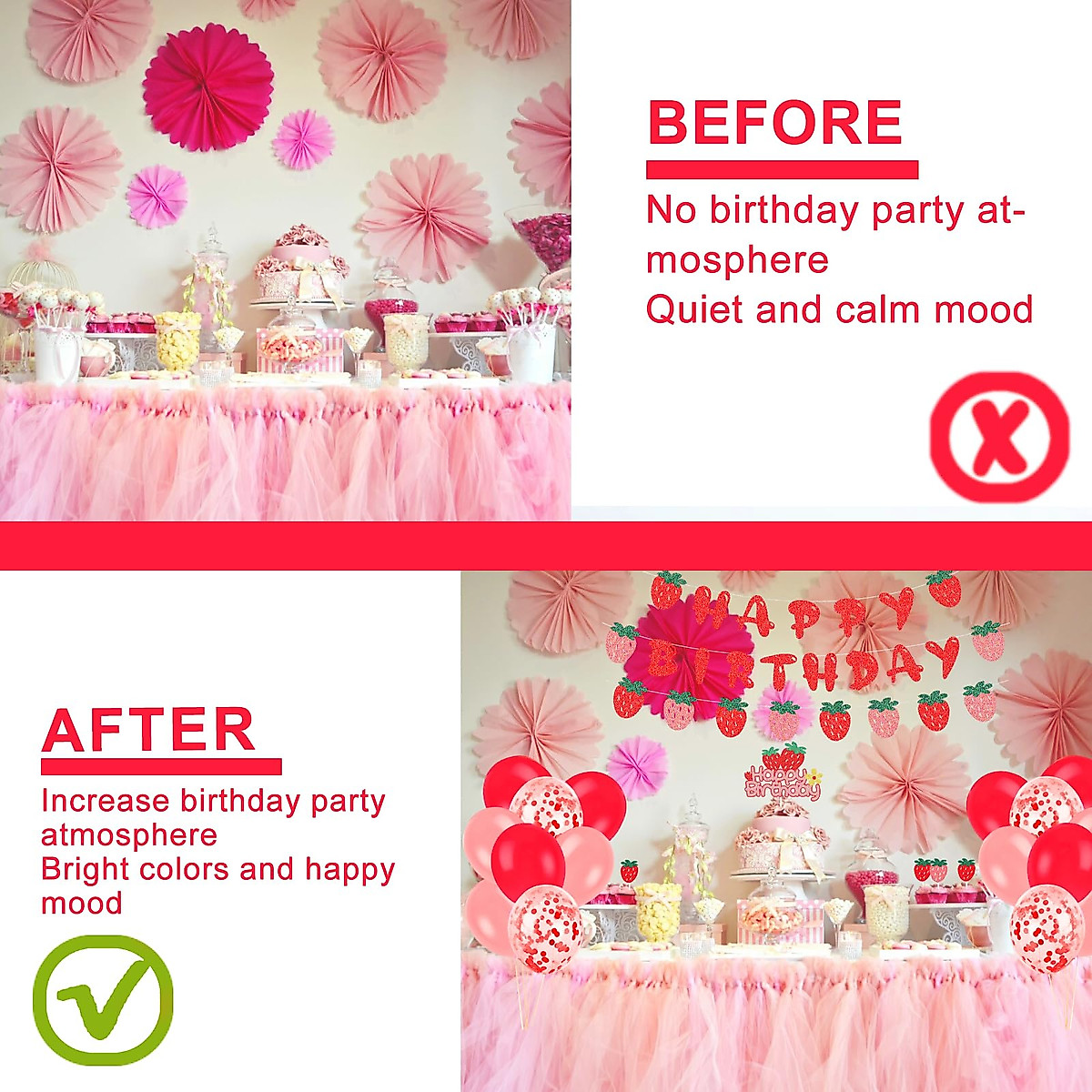 Strawberry Birthday Party Decoration Set Strawberry Happy Birthday Banner Strawberry Cake Toppers, Strawberry Balloons for Little Cutie Baby Shower Girls Party Decor Strawberry Themed Party Supplies