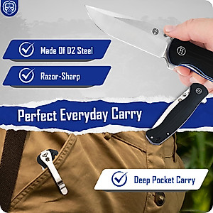 Holtzman's Gorilla Survival 'Wrangler' Folding Knife featuring D2 Steel Blade with G10 Handle in Gift Box Set (Silver+Blue)