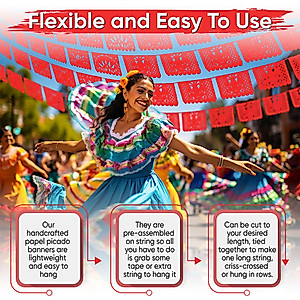 Red Papel Picado Flags, Fiesta Party Decoration, Mexican Paper Banner, Garland, Bunting, Streamers for Birthday Parties, Baby Showers, quinceaneras, Bridal Shower, Engagement Weddings 5 pk | 60ft