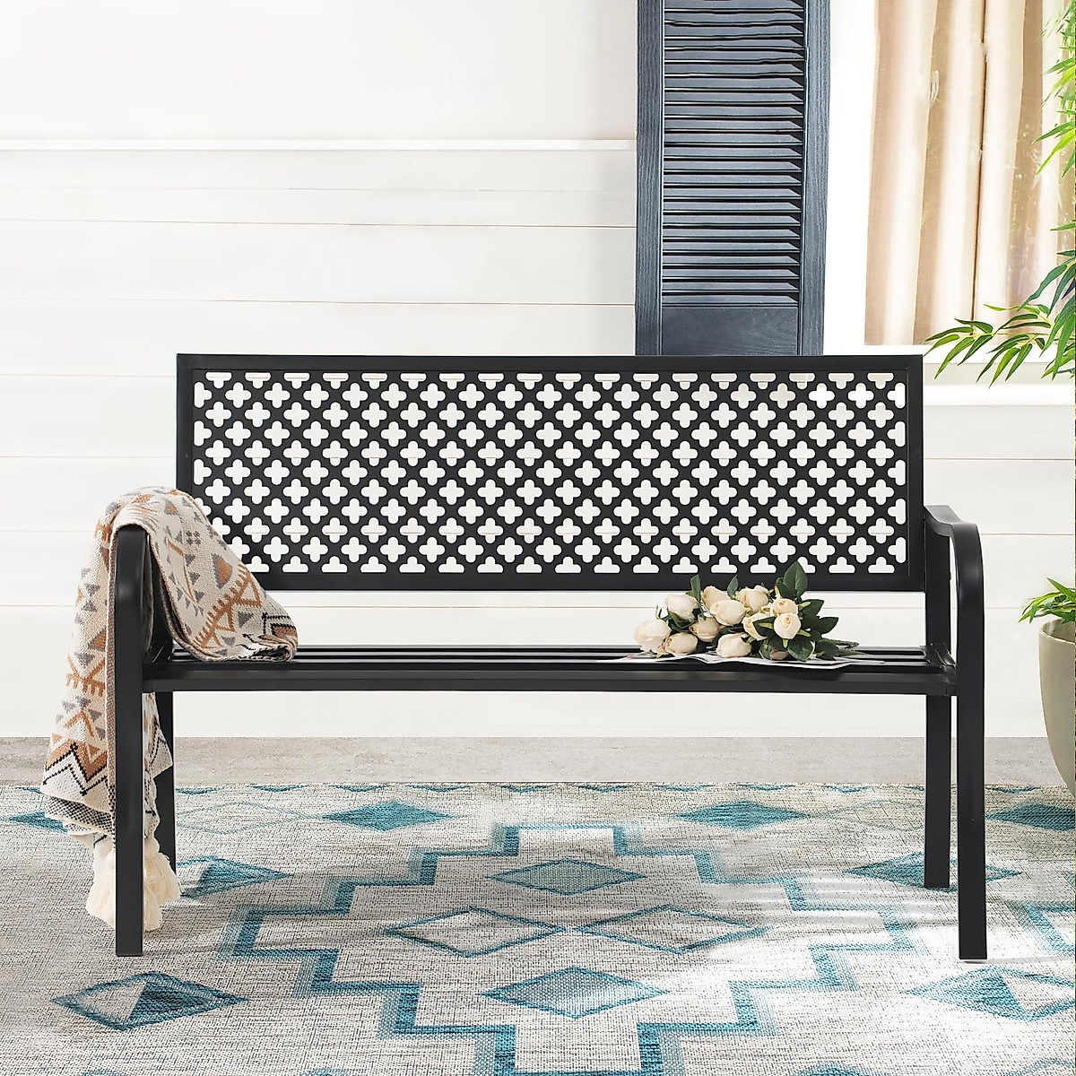 Verano Garden Outdoor Patio Bench Rust-Resistant Metal Park Bench with Armrest, Black Garden Bench for Yard, Porch, Park, Lawn