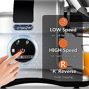 Juicer Machines Cold Pressed, AMZCHEF 3" Wide Chute Slow juicer, High Nutrition Juicer Slow Masticating with 2-Speed Modes & Reverse Function (Gray)