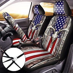 10 Pcs American Flag Wood Deer Skull Camo Car Accessories Set 4th of July Patriotic Car Seat Covers Steering Wheel Cover Keyring Car Cup Holder Armrest Pad Seat Belt Pads Wrist Strap for SUV Truck