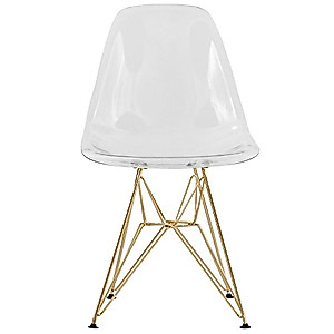 LeisureMod Carey Modern Eiffel Base Molded Side Dining Chair with Gold Base, Set of 2 (Clear)