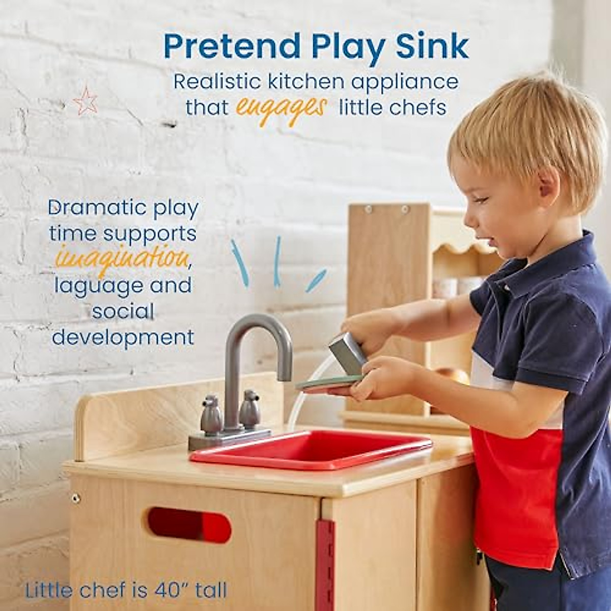 ECR4Kids Play Kitchen Sink, Wooden Playset, Natural