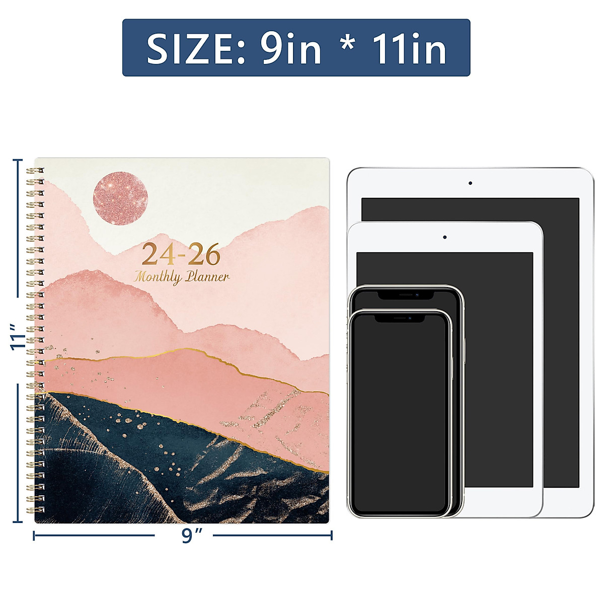 Monthly Planner/Calendar 2023-2025 - Jul. 2023-Jun. 2025, 2023-2025 Monthly Planner, 9" × 11", Two-Year Monthly Planner with Flexible Cover, Monthly Tabs, Pockets, Thick Paper - Pink