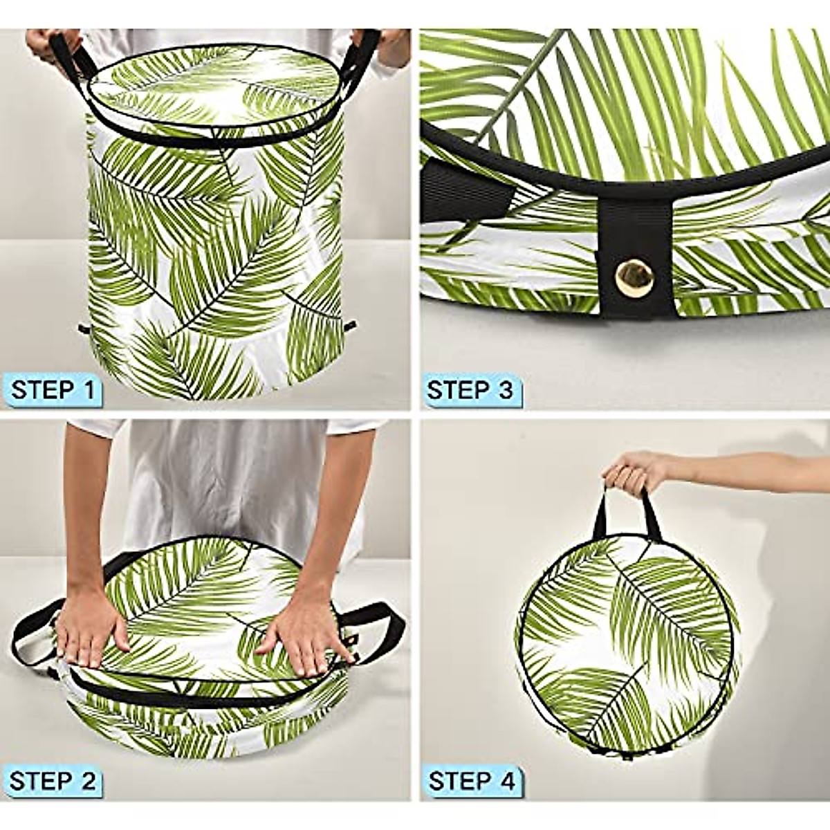 Summer Palm Leaves Pop Up Laundry Hamper with Lid Foldable Storage Basket Collapsible Laundry Bag for Camping Hotel Dormitory