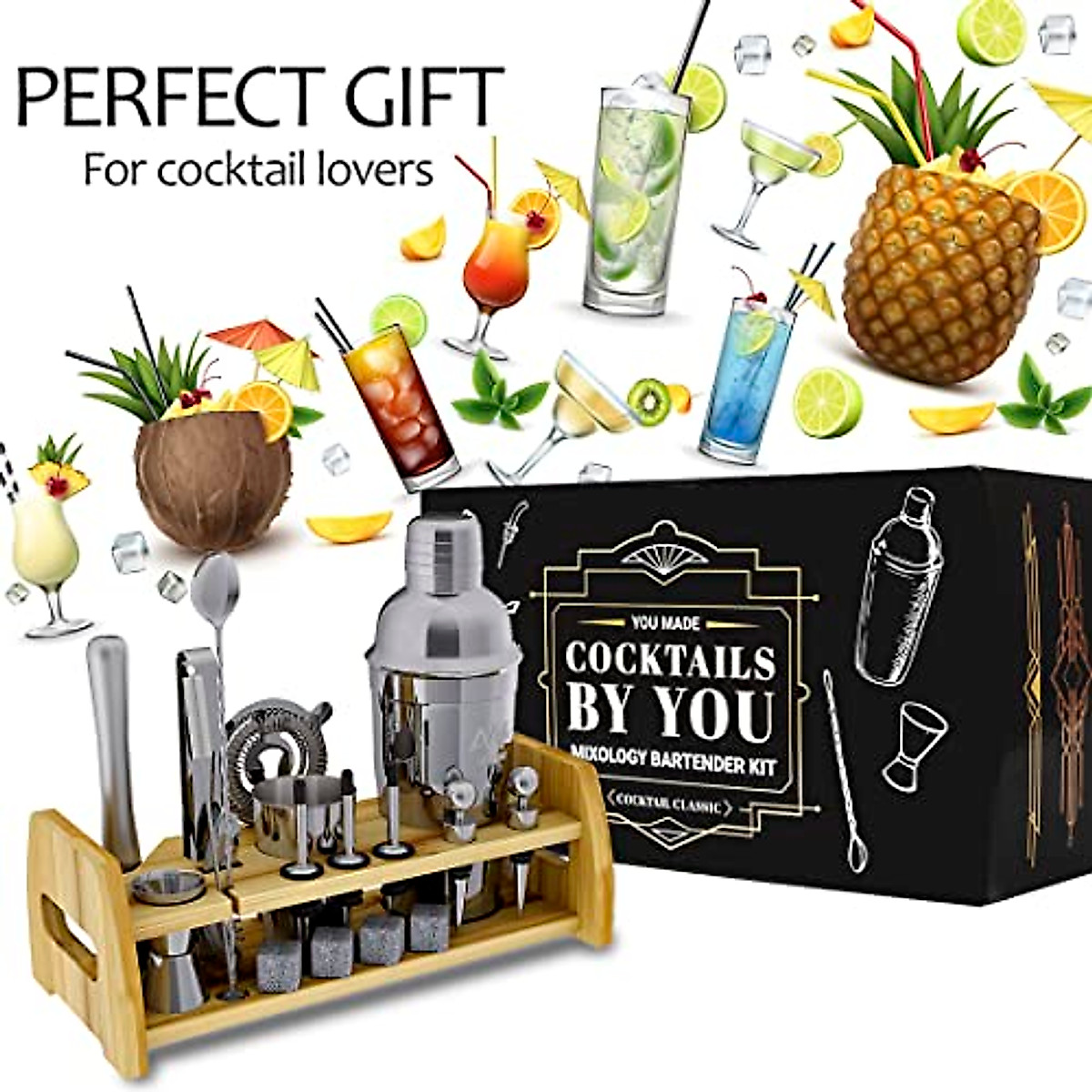 20-Piece Cocktail Mixology Shaker Set - Bartender Kit with Bamboo Stand - Bar Accessories Kit Including a Martini Shaker, Bar Jigger, Syrup Dispenser & Mixer Recipe Book