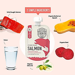 Serenity Kids 6+ Months Baby Food Pouches Puree Made With Ethically Sourced Meats & Organic Veggies | 3.5 Ounce BPA-Free Pouch | Wild Caught Salmon, Butternut Squash, Beet | 6 Count