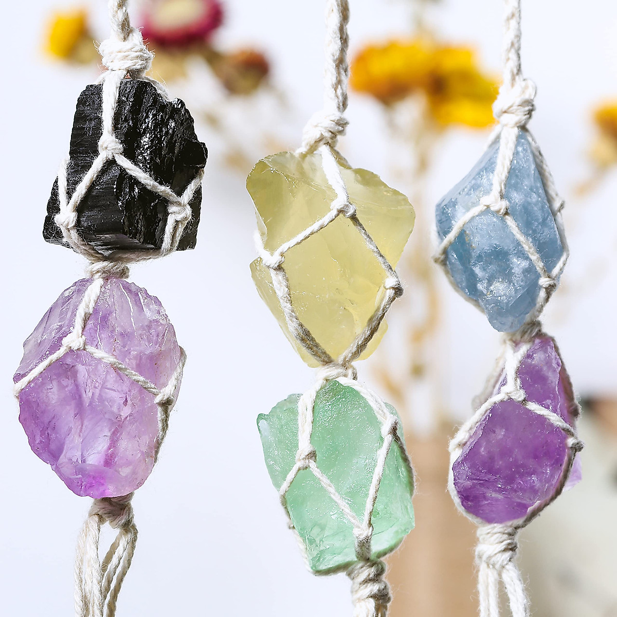 Runyangshi Natural Healing Crystal Hand Woven Net Bag Pendant Black Tourmaline Brazil Amethyst Rough Stone Mine Standard Car Hanging Ornaments Bohemian Style Reiki Energy Home Garden Decor