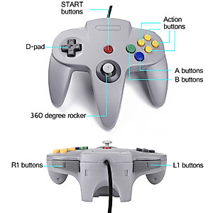 SAFFUN Classic N64 Controller, N64 Wired USB PC Game pad Joystick, N64 Bit USB Wired Game Stick Joy pad Controller for Windows PC MAC Linux Raspberry Pi 3 Sega Genesis Higan (Grey)