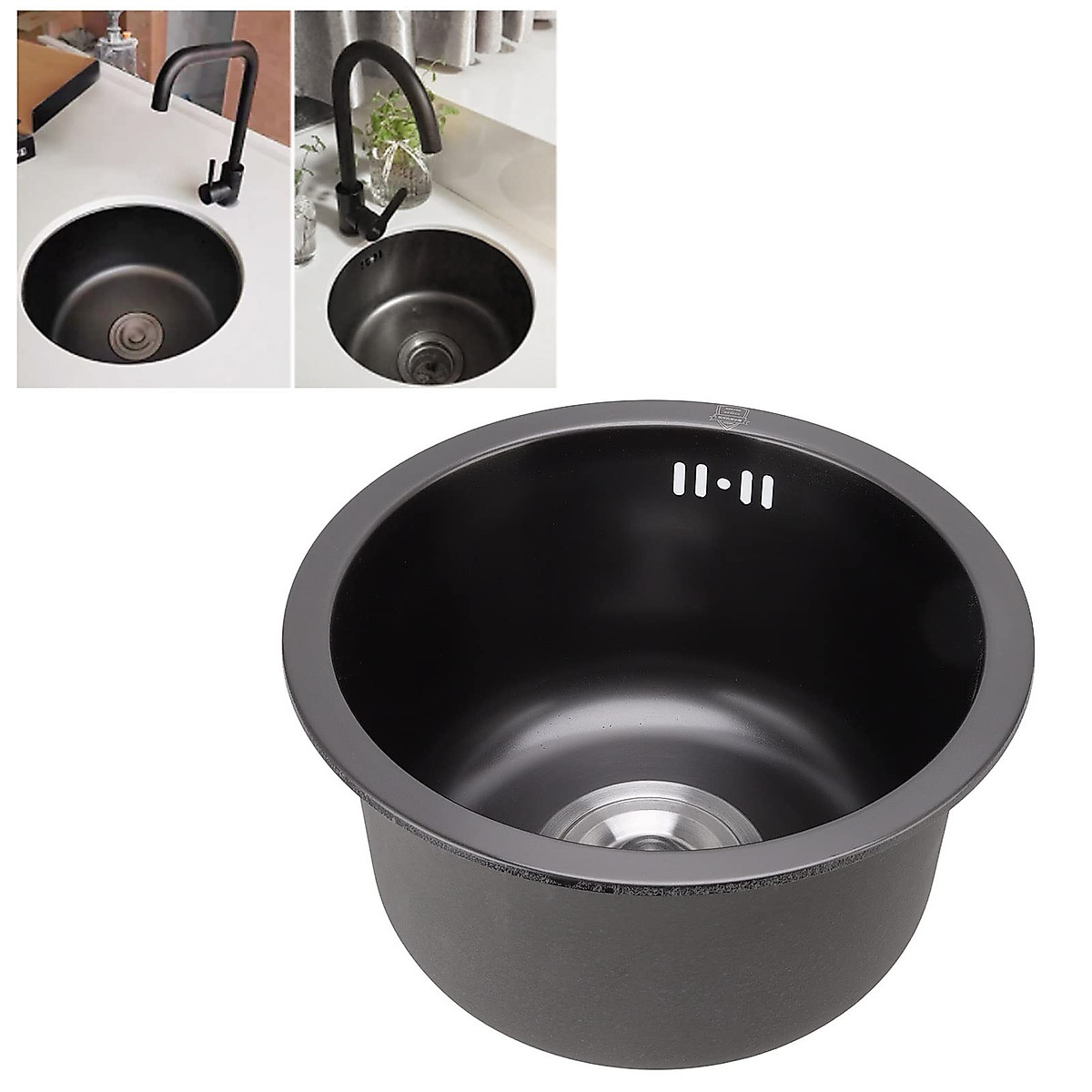 Kitchen Sink Undermount Stainless Steel Single Bowl, Mini Round Kitchen Sink Bar Round Basin Wet Bar Sink with Strainer & Bottom Grid(Black)