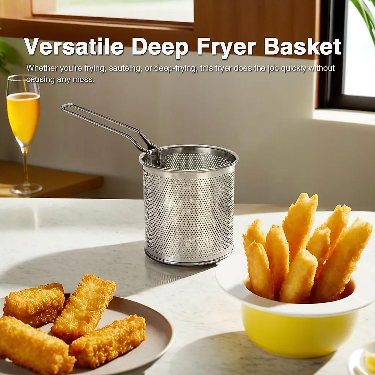 Small Deep Fryer Pot with Basket, Mini Fryer and Soup Pot with Tongs and Lid for 1-2 People, Works on Gas or Induction Burner, Dishwasher Safe, 1.3-Quart