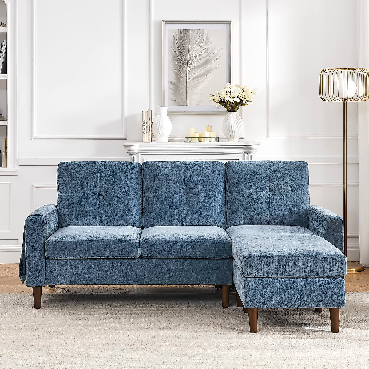 LCH 80” Convertible Sectional Couch, Practical 3 Seats L-Shape Sofa with Removable Cushions and Pocket, Rubber Wood Legs, Suitable for Apartment,Living Room and Office,Navy Chenille