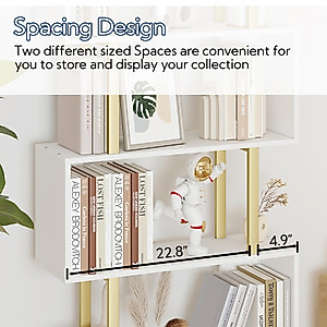 Yusong Geometric Bookcase, S Shaped Bookshelf 6-Tier Book Shelves for Bedroom, Modern Wood Decorative Display Shelf Tall Book Case for Home Office, Gold and White